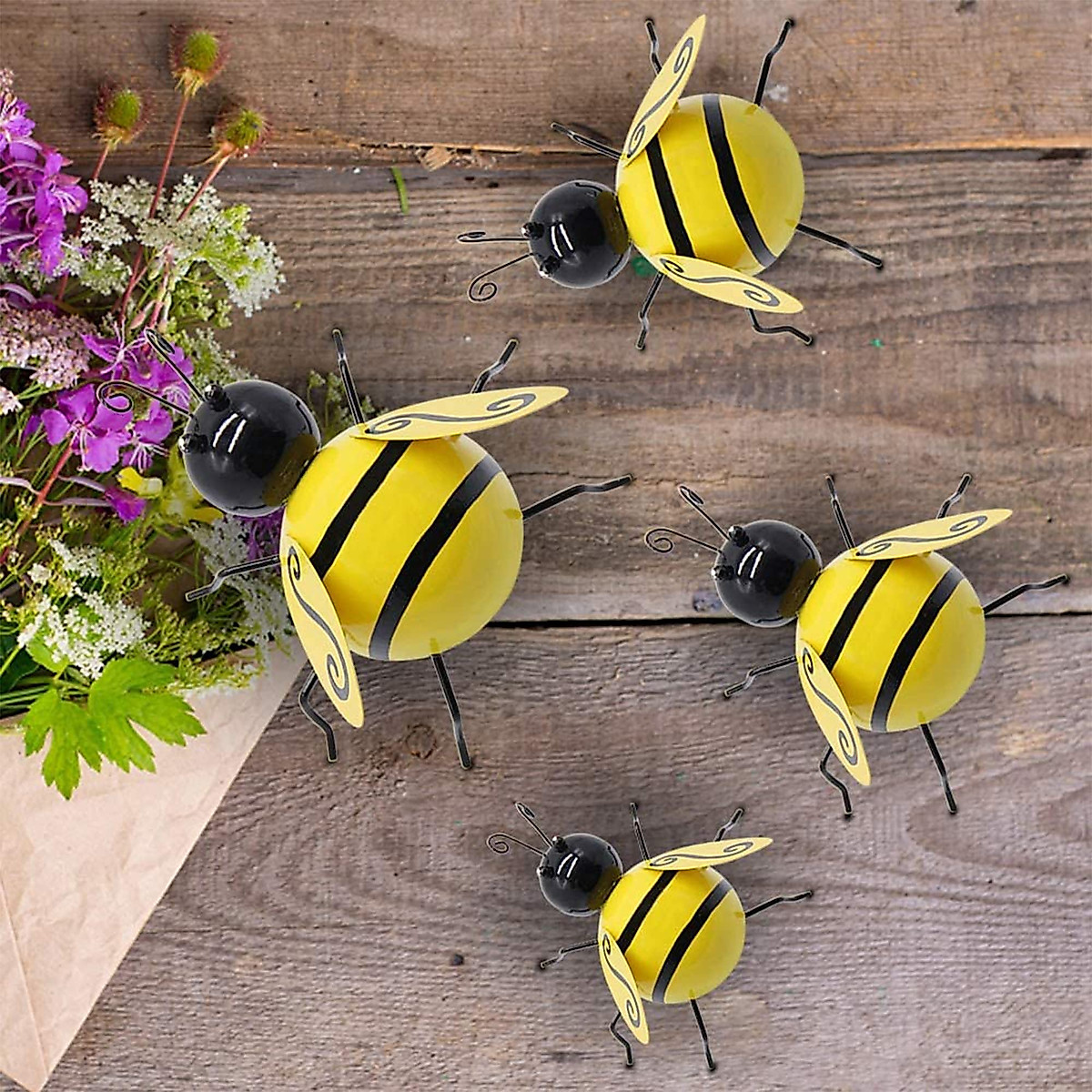 Juegoal Metal Wall Art Bee 3D Sculpture, Inspirational Wall Decor Hanging for Indoor and Outdoor, 4 Pack
