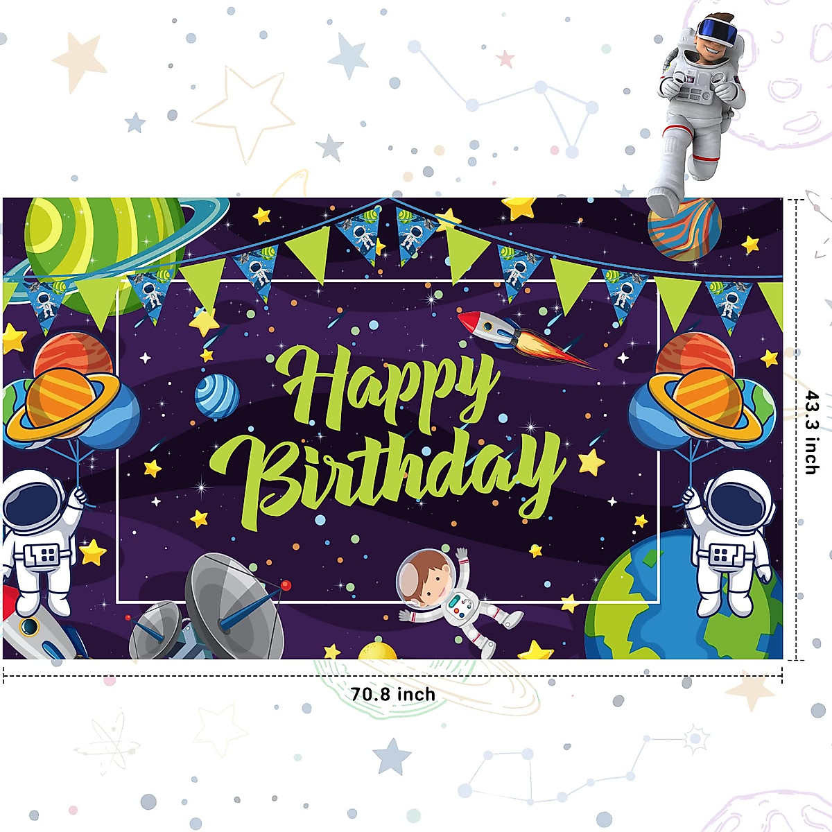 Space Birthday Decorations Banner Outer Space Happy Birthday Banner Backdrop, Astronaut Rocket Space Birthday Banner Space Themed Party Decorations Supplies for Boys Girls Kids 72.8x43.3 Inch