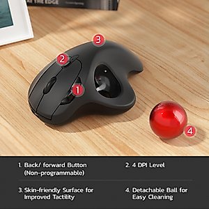 Nulea M501 Wireless Trackball Mouse, Rechargeable Ergonomic, Easy Thumb Control, Precise & Smooth Tracking, 3 Device Connection (Bluetooth or USB Receiver), Compatible for PC, Laptop, Mac, Windows.