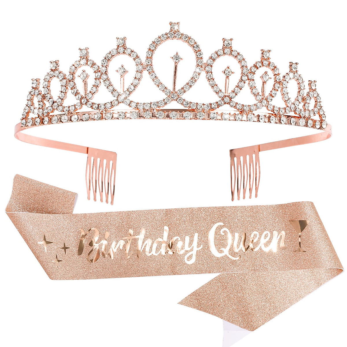 ACO-UINT Birthday Queen Crown for Women, Rhinestone Tiara & Birthday Sash Set Rose Gold Birthday Crowns for Women Girls, Birthday Decorations Birthday Gifts for Women Birthday Party