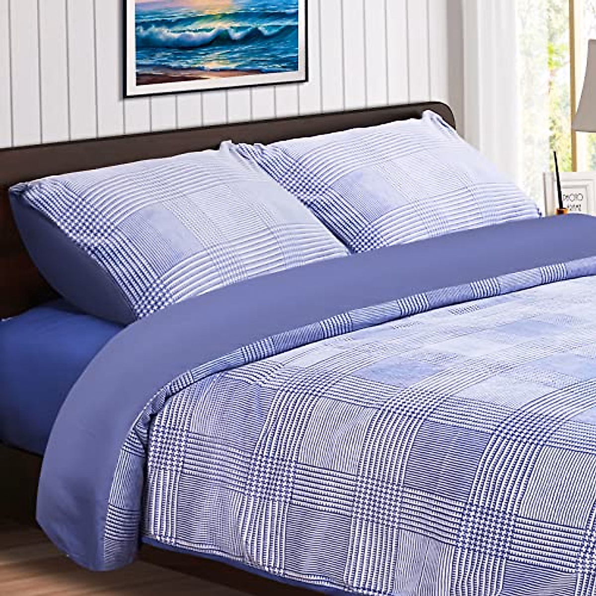BedsPick Velvet Duvet Cover Set California King 3 Pieces, Navy Blue Soft Reversible Comforter Cover Sets, Plaid Striped Duvet Cover, 1 Duvet Cover 104x98 inches and 2 Pillow Sham