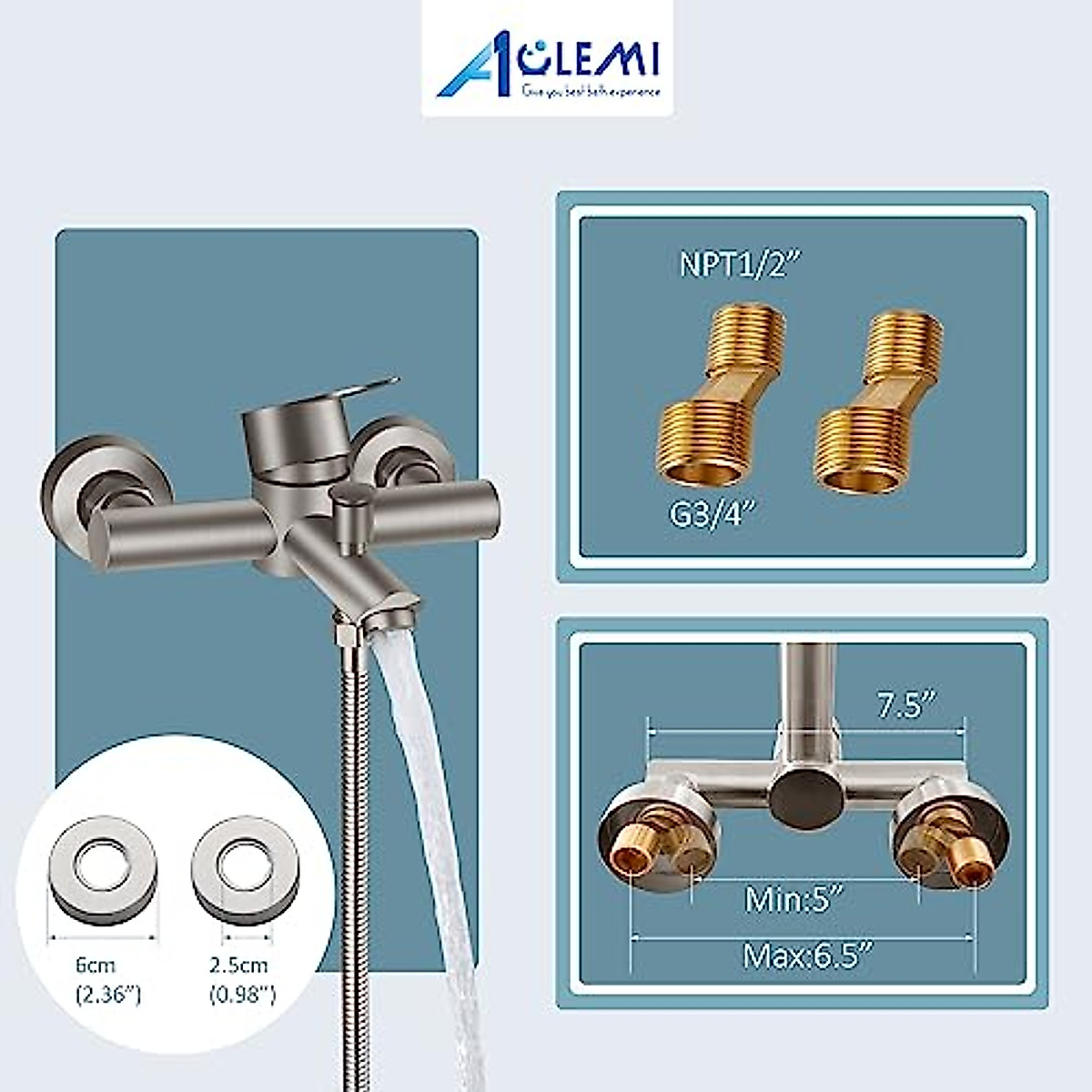Aolemi Brushed Nickel Bathtub Faucet Wall Mount Only Tub Filler with Handheld Sprayer 6 Inch Centre Single Handle Shower Mixer Taps SUS304 Stainless Steel for Bathroom