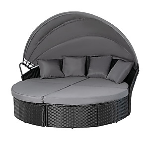 Oakmont Outdoor Patio Furniture Canopy Daybed Round Sofas, 4 Pieces Seating Separates Cushioned Seats, Black Wicker, Lawn Poolside Garden, Grey