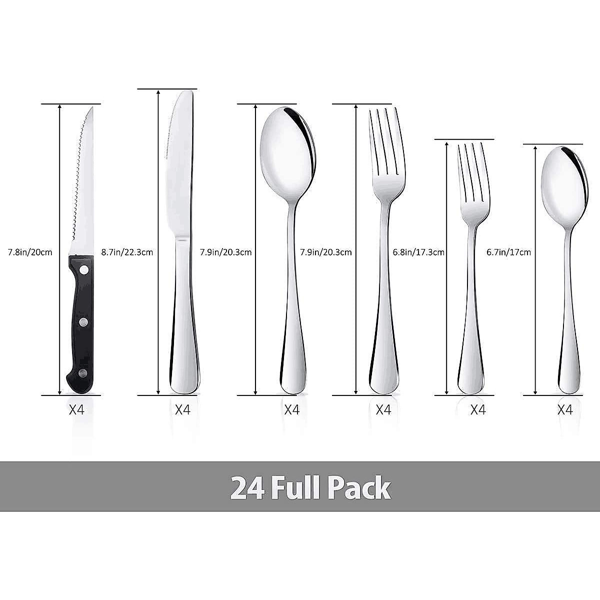 Teivio 24-Piece Stainless Steel Flatware Cutlery Set and 4 steak knife, Silverware Utensil Set with Countertop Caddy, Service for 4, Include Knives/Forks/Spoons, Mirror Polished