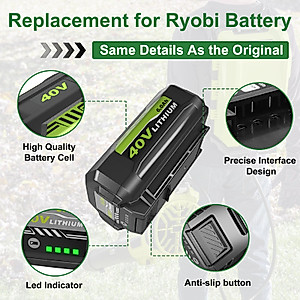 2 Pack 6.0Ah 40 Volt Replacement for Ryobi 40V Battery and Charger Kit Compatible with Ryobi 40 Volt Battery Lithium OP4040 OP40401 OP4026 OP40261 OP4050 OP40201 OP40601 (Green)