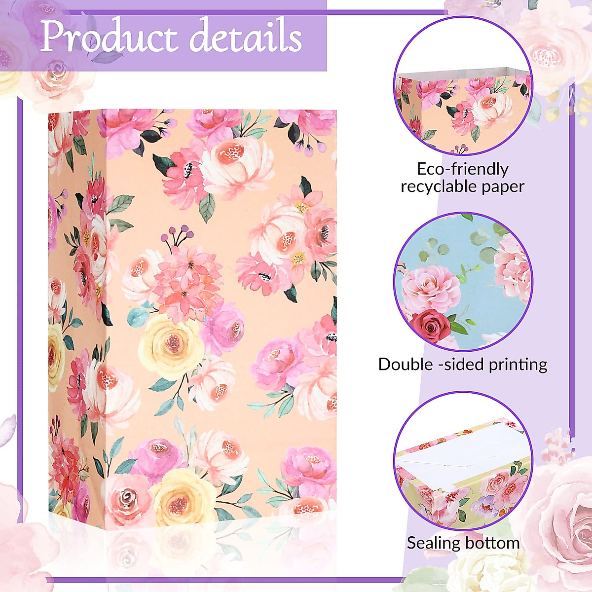 Panelee 24 Pcs Floral Paper Gift Bags Tea Party Bags Spring Goodie Bags Small Flower Candy Treat Bags for Wedding Bridal Baby Shower Birthday Mother's Day Decorations