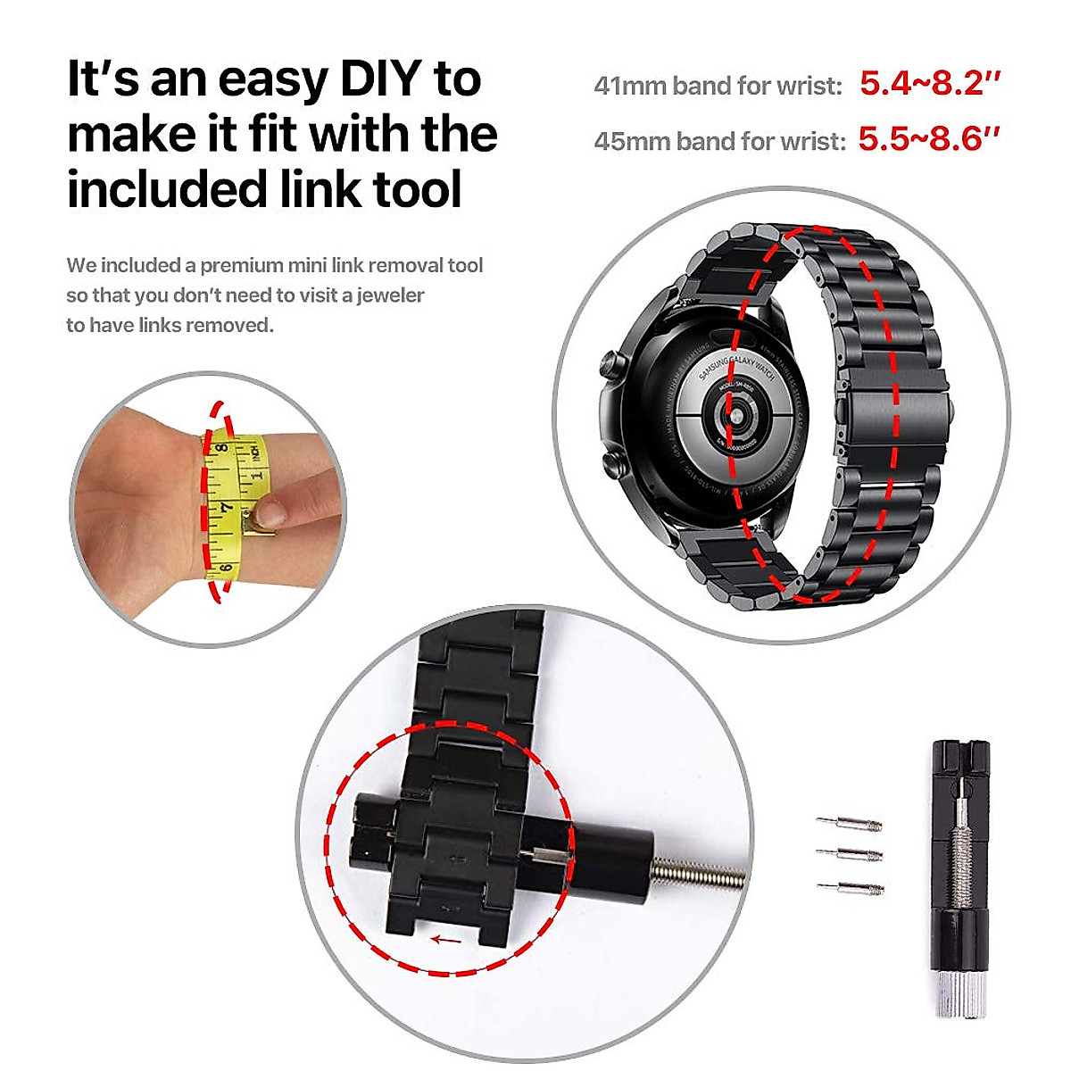 Intoval Band for Samsung Galaxy Watch 3 45mm / Watch 46mm / Gear S3 Frontier/Classic, Garmin Fenix 5/5 Plus/ 6/6 pro Premium Stainless Steel Bands with Link Adjustment Tool (22mm Strap, Black)