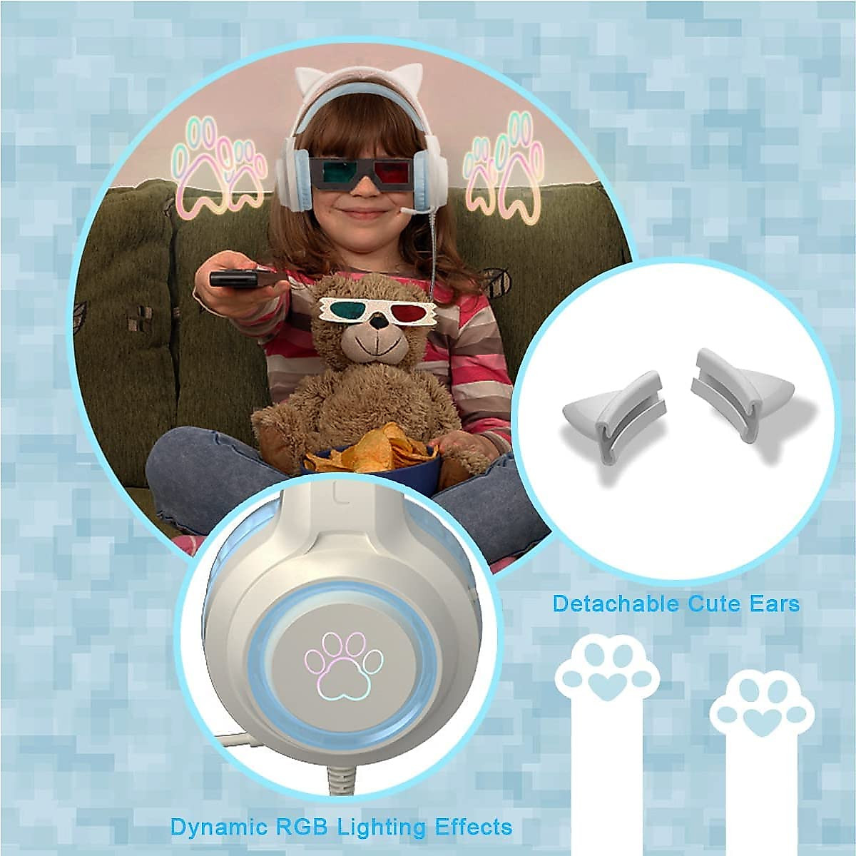 Gaming Headset with Removable Cat Ears, 3.5mm Wired Headphones with Adjustable Microphone, Extendable Padded headband, Noise Cancelling and RGB Light Headphones for Xbox/PS4/Switch/Mac/Phone (Green)