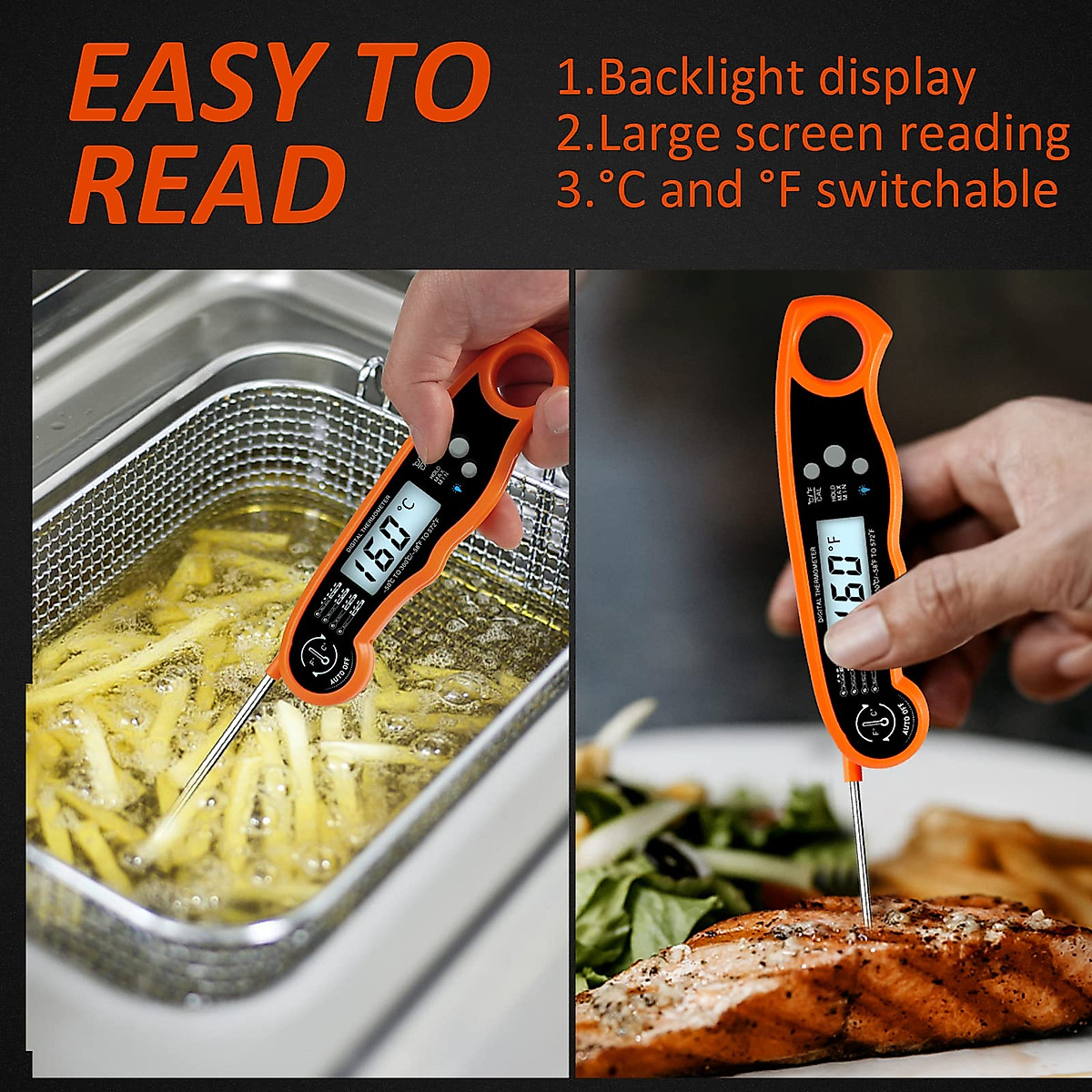 Engsav Meat Thermometer,Digital Food Thermometer for Kitchen, Cooking, Grilling, Turkey, Steak, Wireless Temperature Probe with Calibration and Backlight Instant Read Thermometer