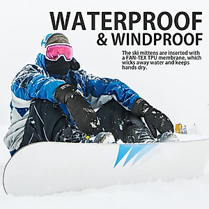 EXski Ski Mittens for Men, Waterproof Warm 3M Thinsulate Winter Snowboard Mitts with Wrist Leashes