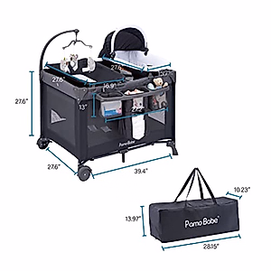 Pamo Babe Portable Crib for Baby, 4 in 1 Baby Nursery Center, Baby Playard with Changing Table, Bassinet and Mattress(Grey）