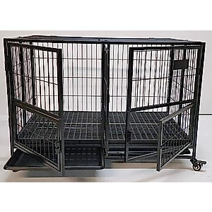 Heavy Duty Dog Crate Dog Cage Pet Kennel with Tray Two Divider Panels Self Locking Latches Stackable Double Door Top Door Indestructible Sturdy Plastic Floor Grid Dog Crates for Medium and Large Dogs