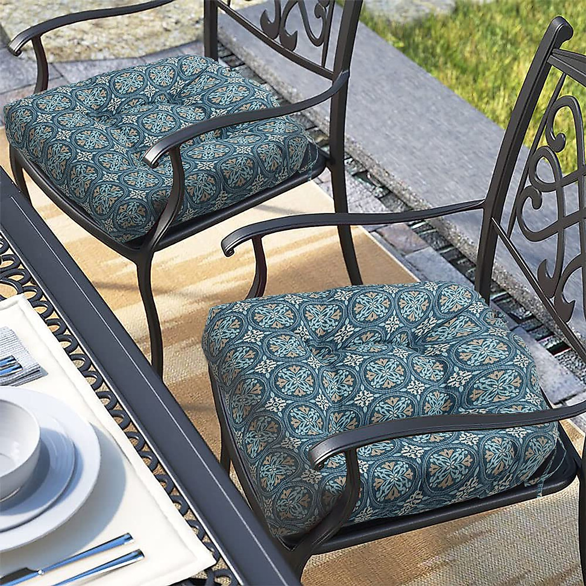 Magpie Fabrics Outdoor/Indoor Tufted Seat Cushion with Ties Set of 2, 19"x19" Waterproof Patio Chair Pads Tatami Floor Pillow for Garden Balcony Office Decor (Morgan Medal Blue)