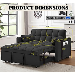 Lin-Utrend 55''Convertible Sleeper Sofa Couch with Adjustable Backrest, Modern Velvet 2 Seater Sofa with Pull-Out Bed with 2 Pillows, Small Love Seat Lounge Sofa Bed for Small Space (Black)