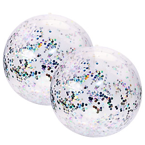 Glitter Beach Balls 2PCS Inflatable Floatable Confetti Swimming Pool Party Ball Clear Sand Sport Ball for Outdoor Summer Beach Pool Water Play Party Favor for Adult Boys Girls (11 Inch, Silver)
