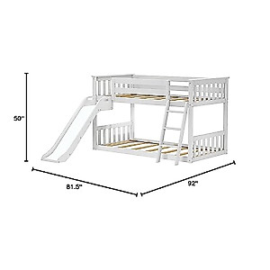 Max & Lily Solid Wood Twin over Twin Size Low Bunk Beds for Kids with Slide and Ladder, 400 lbs Weight Capacity, 14" Safety Guardrail, Anti-Slip Steps, White