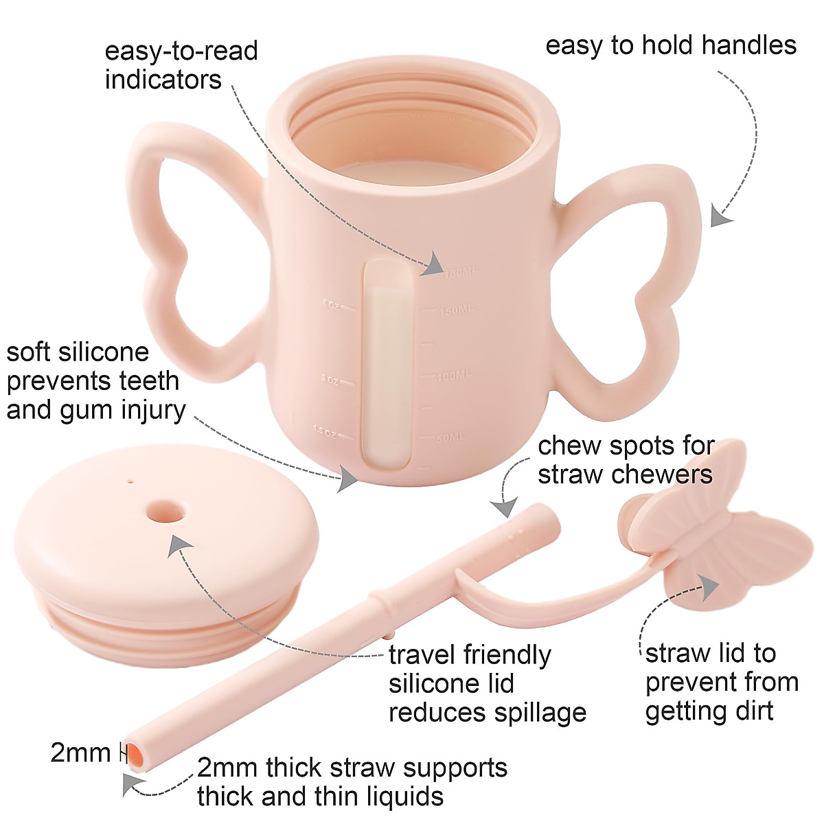 Dommy Butterfly Training Cup with Straw Lid For 6M+ Infants & Toddlers, Pink Sippy Cup/Smoothie Cup, 5oz