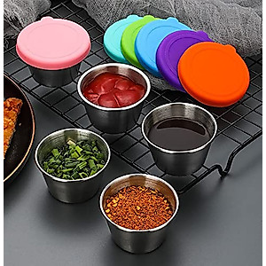 Salad Dressing Condiment Container To Go,Stainless steel Small Food Containers With Silicone Lids, Leakproof and Reusable Dipping Sauce Cups Fits in Bento Box for Picnic Travel Office, 6x1.6oz