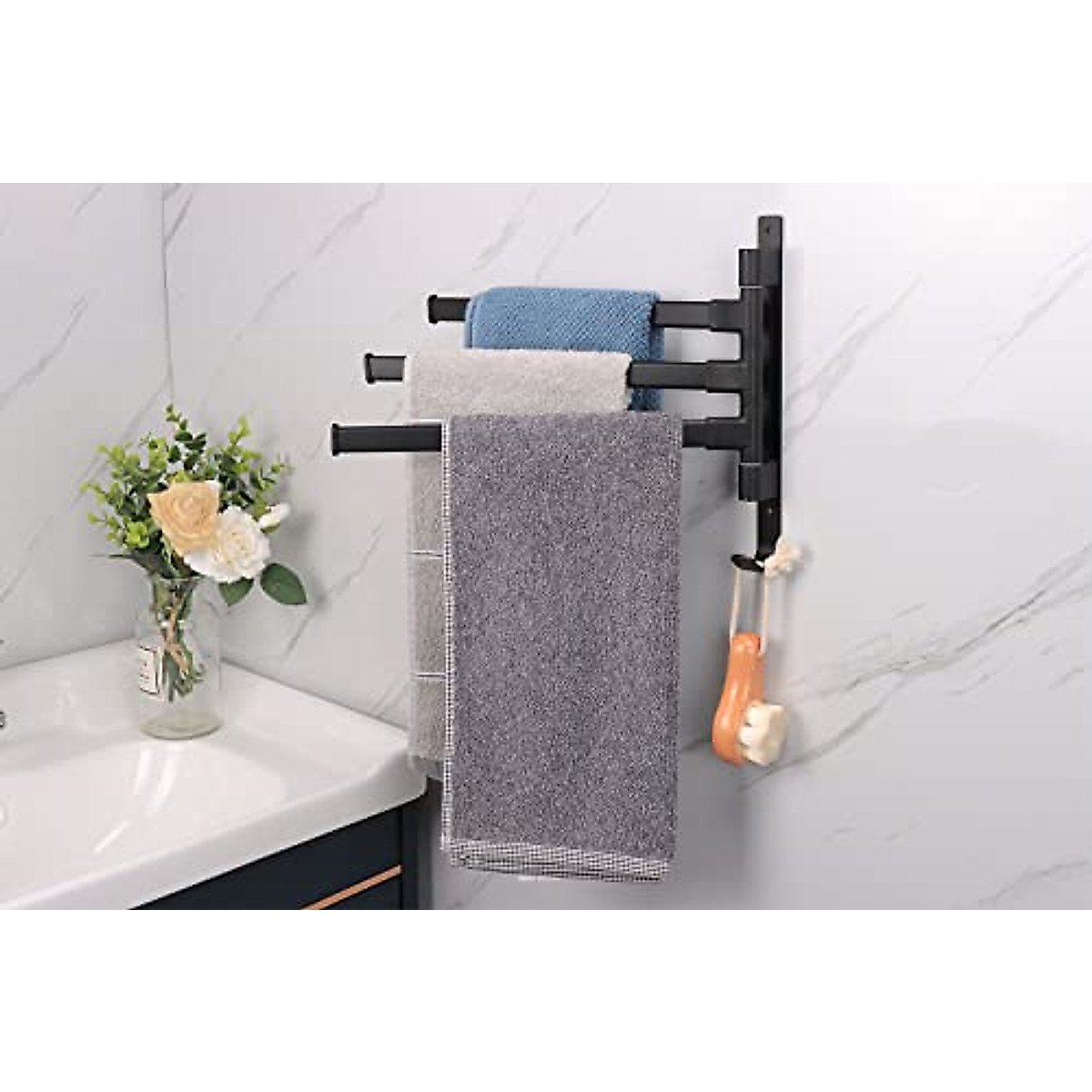 TocTen Swivel Towel Rack, Rustproof and Durable Space Saving Towel Hanger, Towel Bar Swing Out 180° Rotation, Wall Mounted/Glue Mounted Towel Rod with Hook for Bathroom, Kitchen (3-Arm, Black)