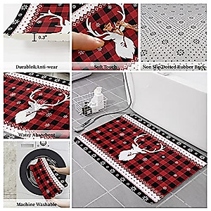 Christmas Bath Rugs Elk Deer Reindeer Snowflake Sponge Doormat Absorbent Non Slip Durable Soft Flannel Mat Red Buffalo Plaid Check Christmas Memory Foam Mats for Bathroom Kitchen 20 x 32 inches