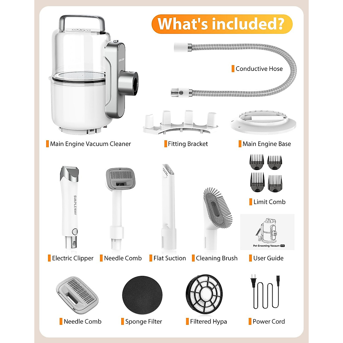 Simple Way Pet Grooming Vacuum, 6 in 1 Dog Grooming Kit with 3 Suction Mode and Large Capacity Dust Cup, Dog Vacuum for Shedding Grooming and Pet Vacuum for Dog Hair at Home (White)