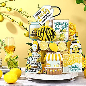 Qunclay 13 Pieces Fresh Lemon Tiered Tray Decor Wooden Lemonade Themed Home Decorations Farmhouse Summer Table Decor Rustic Wood Lemonade Sign for Kitchen Living Room Party Gifts