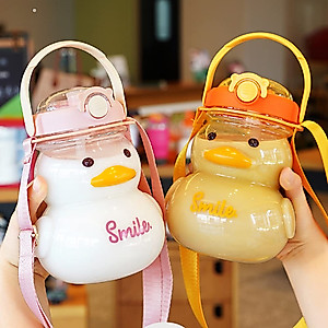 Large Cute Duck Water Bottle with Straw and Strap 34oz Kawaii Duck Water Bottle with 3D Stickers for Kids Toddler Girls School Sports Travel Leakproof Portable Handle Hot and Cold Bottles (Yellow)