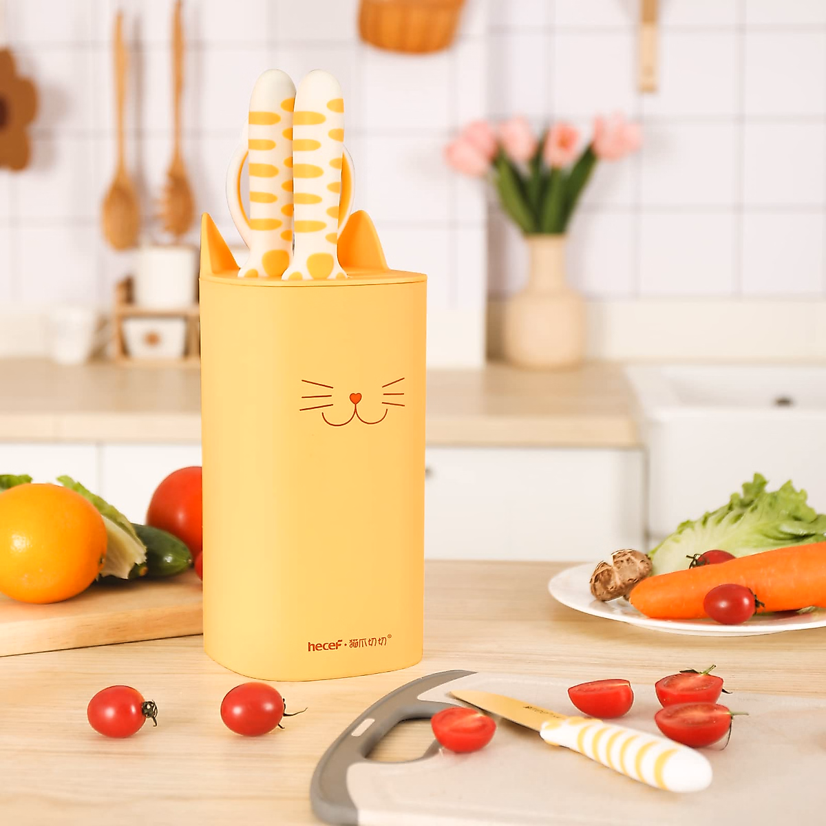 hecef Cute Kitchen Knife Set,5-piece Non-Stcik Knives Set with Detachable Block and Scissors,Sharp Kitchen Knives for Chopping, Slicing, Dicing and Cutting (Yellow)