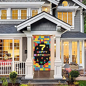 Colorful Building Blocks Happy 7th Birthday Banner Backdrop Background Construction Toys Bricks Blocks Theme Decor for Boy 7th Birthday Party Favors Supplies Decorations
