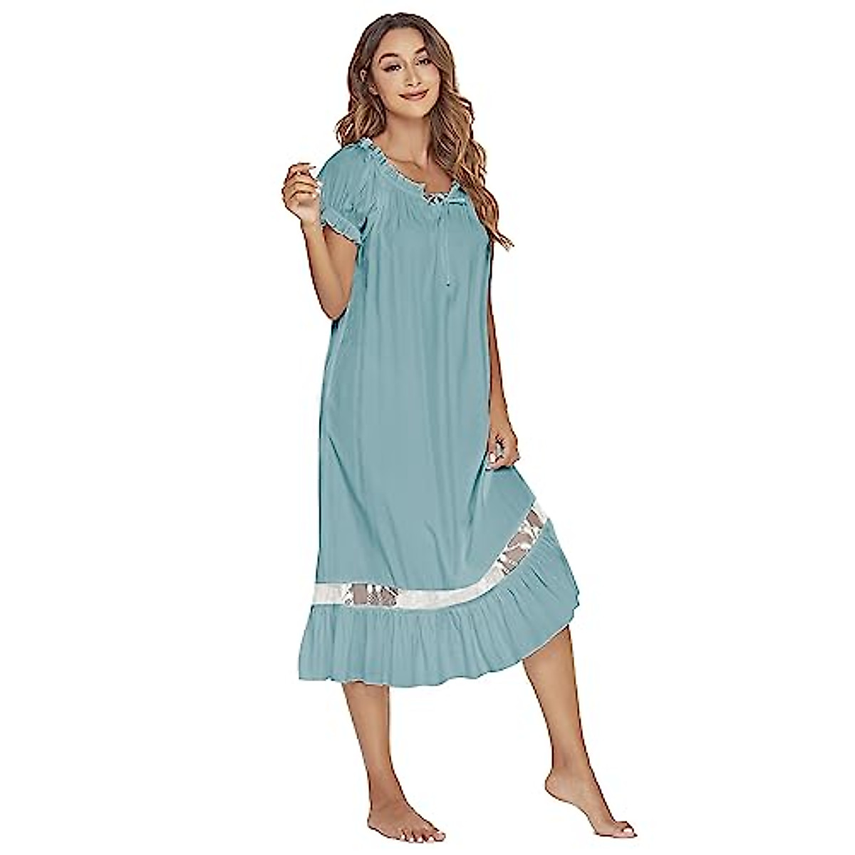 Verdusa Women's Lace Nightdress Short Sleeve Victorian Nightgown Sleepwear Pajama Aqua Blue with Pocket XXL