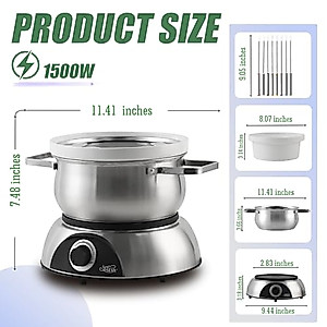 Artestia 14.79-Cup Large Capacity Electric Fondue Pot - 1-QT Ceramic Fondue for Cheese, Chocolat & 2.6-QT S/S Fondue Pot for Broth, Hot Oil, 1500W Temperature Control, 8 Color-Coded Forks, S/S Base
