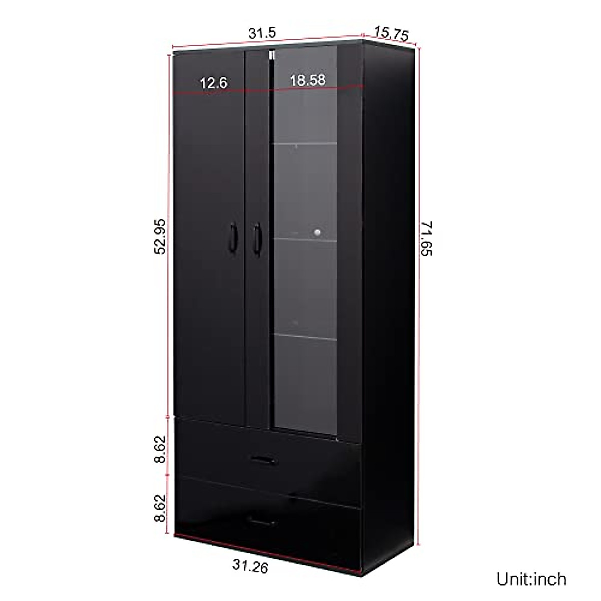 Goujxcy Tall Display Cabinet with Led Lights, Modern LED Display Cabinet LED Bookcase with Glass Shelf, Home Office Freestanding Curio Cabinet Display Rack Showcase Book Shelf for Home (C, Black)