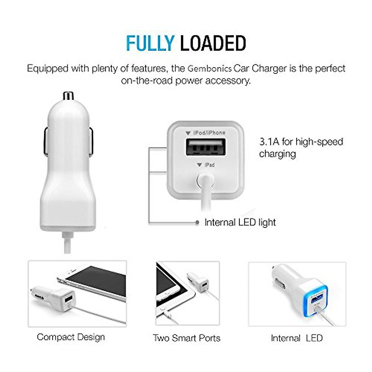 GEMBONICS Apple Certified iPhone Lightning Car Charger for iPhone 12, 11, X, XR, XS, 8, 8 Plus, 7, 7 Plus, 6S, 6S Plus, 6 Plus, SE, 5S, iPad Pro, Air 2, Mini 4 with Extra USB Port (White)