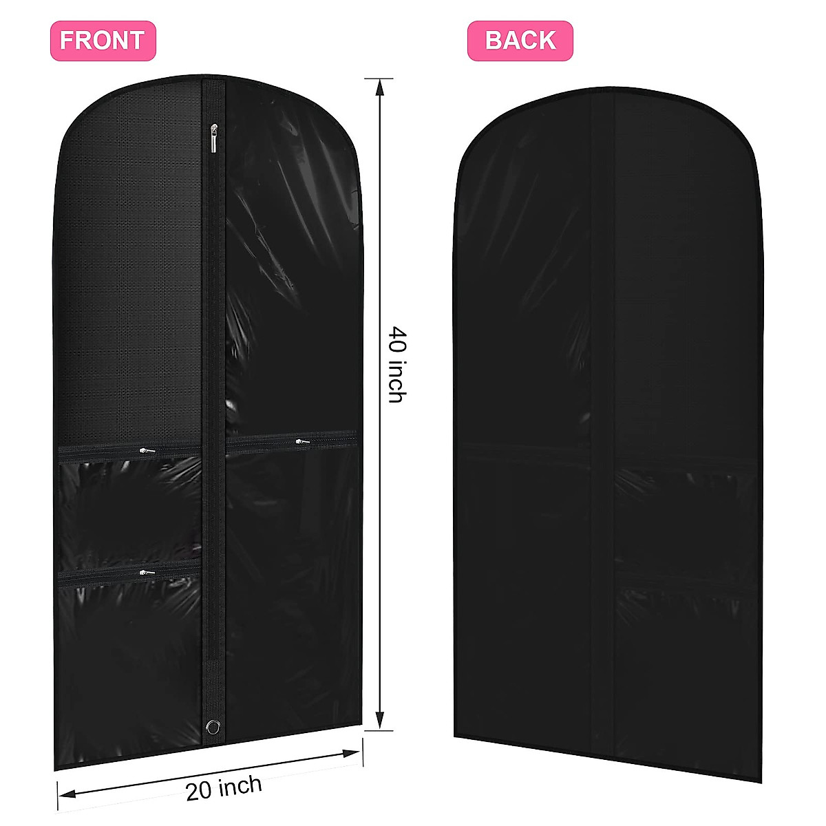 Woanger 6 Pcs Garment Bags for Dance Costumes 20'' x 40'' Clear PVC with Zippers Garment Bag with Pockets Dance Costume Organizer Costume Carrier for Storage Garment Covers for Adults Kids (Black)