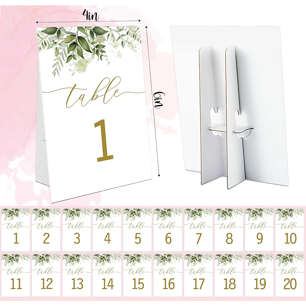 Muruseni Wedding Table Numbers 1-20, Green Leaves Wedding Decor, 4x6 Standing Sign Self-Standing Table Numbers for Bridal Showers, Baby Showers, Special Event, Reception & Decorations