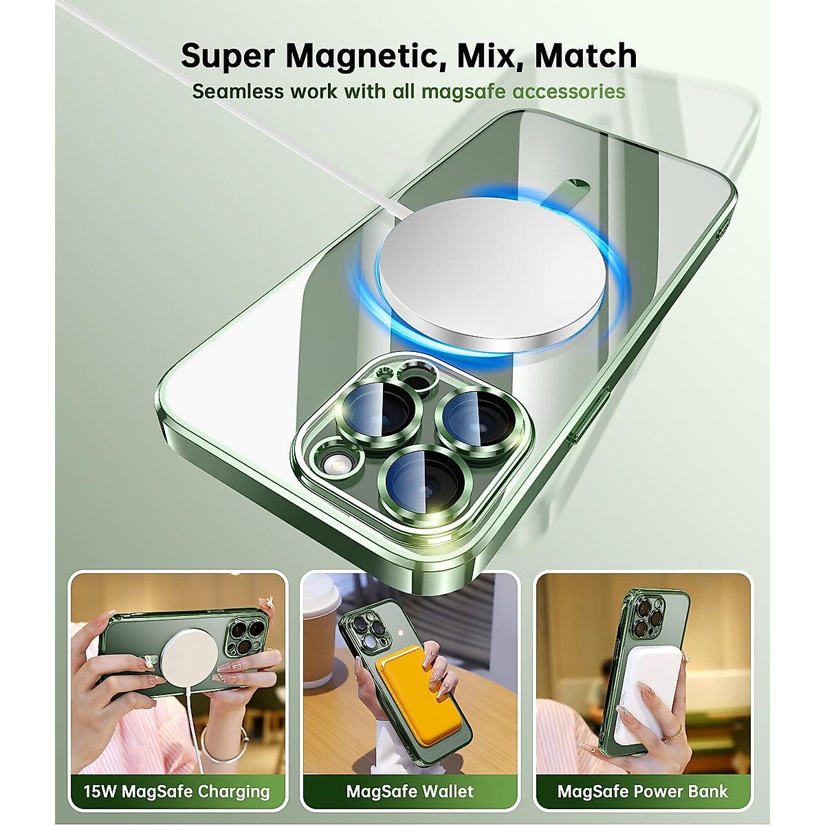 Waldeng for iPhone 13 Pro Max Case with Integrated Camera Lens Protection, [Seamless Work with Magsafe] [Metallic Glossy Soft Bumper], Diamond Clear Stylish Case for iPhone 13 Pro Max, Alpine Green