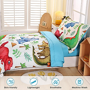Wowelife 4 Piece Dinosaur Toddler Bedding Set Toddler Bed Sheets Sets for Boys Green Kids Toddler Comforter Set Breathable and Soft with Comforter, Flat Sheet, Fitted Sheet and Pillowcase