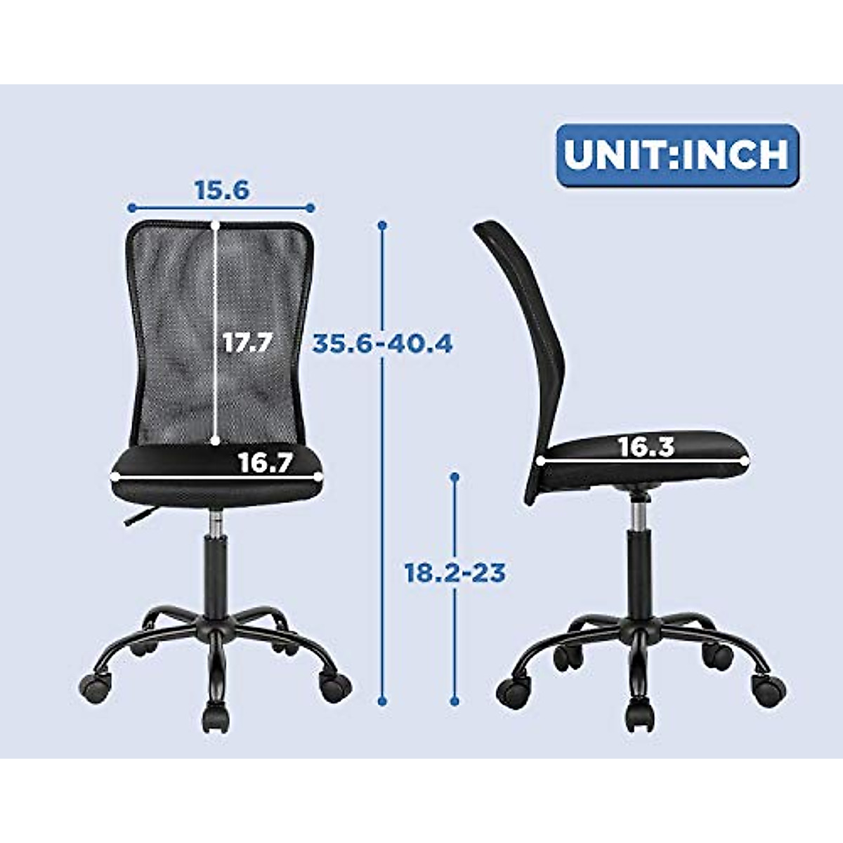 Home Office Chair Mid Back Mesh Desk Chair Armless Computer Chair Ergonomic Task Rolling Swivel Chair Back Support Adjustable Modern Chair with Lumbar Support,Black
