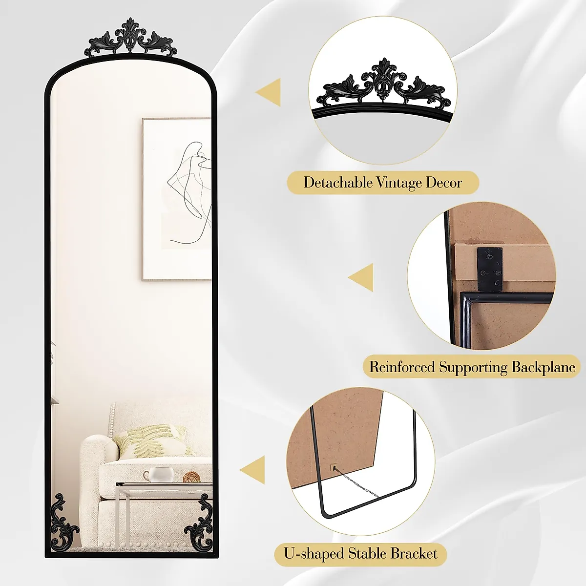 AZODY Arched Mirror Full Length with Stand, 65" x 21" Black Floor Length Mirror with Carved Metal Frame, Full Body Wall Mirror for Home Decor Wedding Entryway Living Room