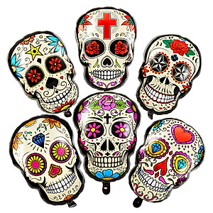 Zomiboo 6 Pieces Day of The Dead Sugar Skull Party Balloons Halloween Skull Balloons Halloween Decoration Balloons for Halloween Sugar Skull Party Decoration, 6 Styles