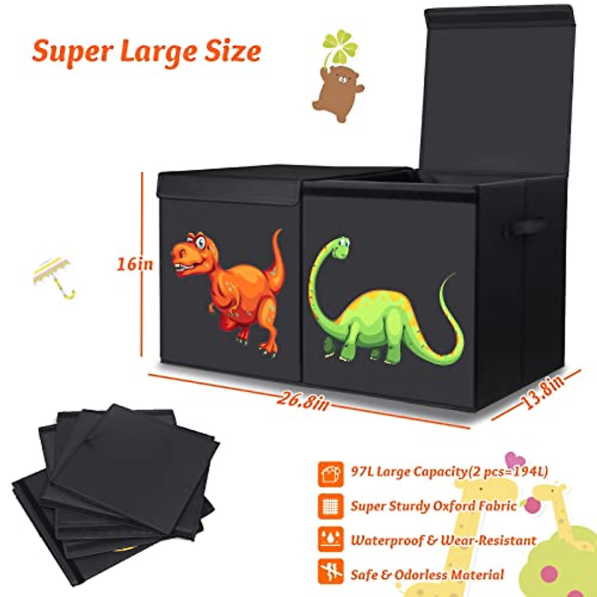 ANNKIE 2PCS Toy Box,Toy Box for Boys,Toy Chest for Kids,Collapsible Sturdy Toy Storage with Lid & Handles,Toy Organizers and Storage for Nursery,Playroom(Dinosaur) 26.8" x 13.8" x 16"
