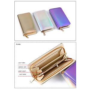 YAIRYANGTZE Hologram Slim PU Leather Wallet with Zipper Long Clutch Wallet Purse for Women (Silver)