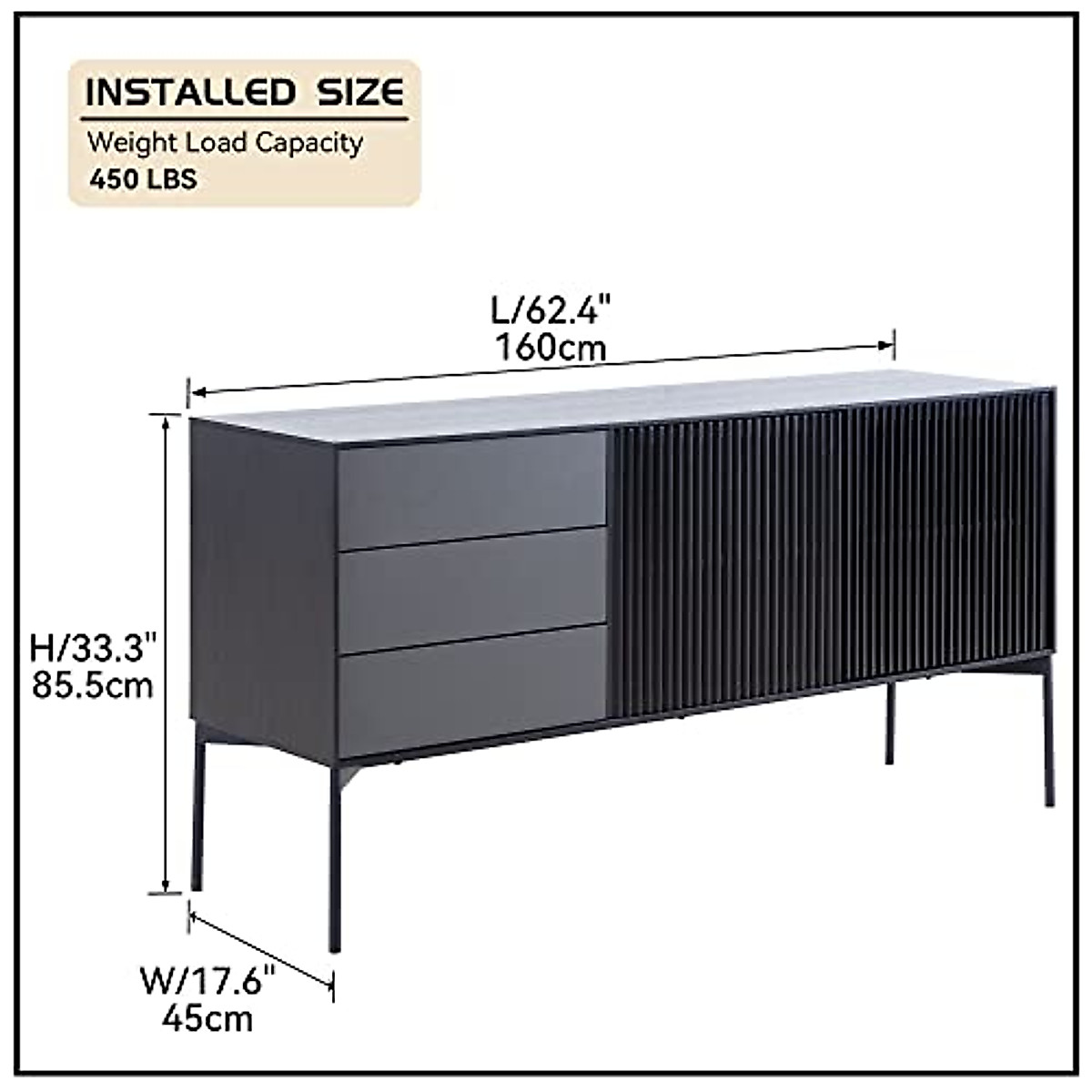 WILLIAMSPACE 62.4" Mid-Century Wood Cabinet Buffet Sideboard with 3 Drawers & 2 Solid Wood Louvered Doors & 4 Storages, Floor Storage Cabinet, Side Standing Cupboard - Matte Black & Grey