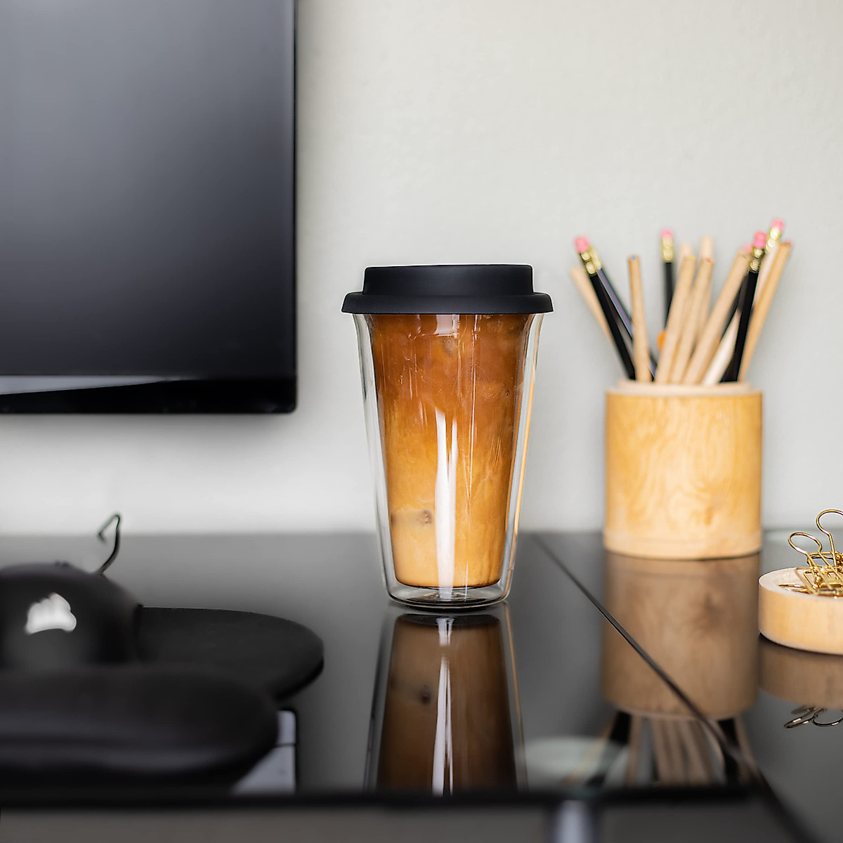 Birchland Double Wall Glass Tumbler, Insulated Glass Coffee Cups, Reusable Coffee Cups with Lids, Travel Coffee Mugs, 12oz. Set of 2