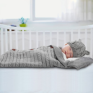Vicenpal Newborn Baby Wrap Swaddle Blanket Knit Sleeping Bag Receiving Blanket Stroller Wrap for Baby Knitted Hat Gloves Set Beanie Hat and Mittens Unisex Design,Gray