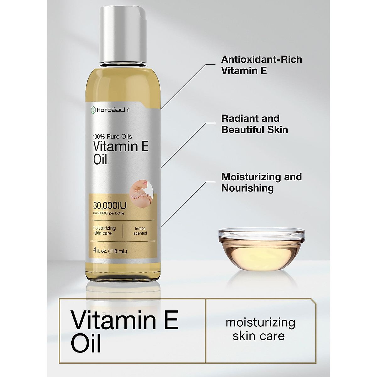 Horbäach Vitamin E Oil For Skin 30,000 IU | 4 fl oz | 100% Pure Oils | Moisturizing Skin Care | Non-GMO, Vegetarian | Lemon Scented