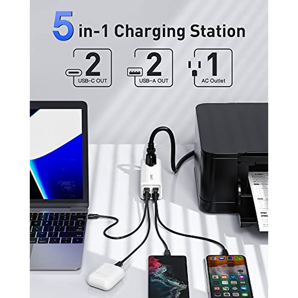 USB C Charger, LDNIO 65W GaN Desktop Charger, 5-in-1 USB C Charging Station with AC Outlet Extender, Surge Protector Power Strip for MacBook Pro/Air, Laptops, iPad, iPhone, Samsung Multiple Devices