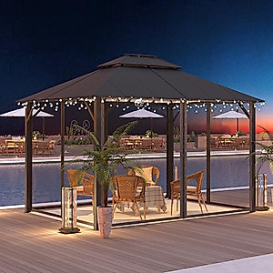 CASAINC Hardtop Gazebo 10x12 FT, Hardtop Gazebos with Double Roof, Aluminum Frame Permanent Outdoor Canopy, Patio Gazebo with Mosquito Netting for Patio Lawn Garden