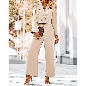 PRETTYGARDEN Women 2 Piece Sets Lapel V Neck Short Blazer Jackets Wide Leg Pant Suits Dressy Work Jumpsuits for Office(Solid Beige,Medium)