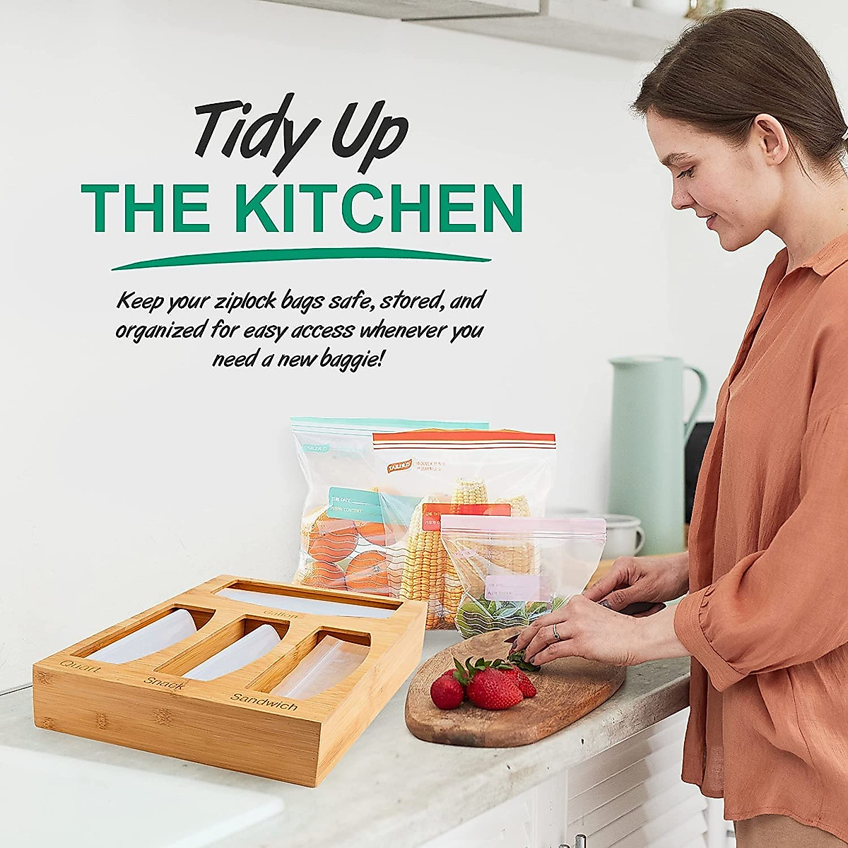 Ilberry Ziplock Bag Storage Organizer | Bamboo Ziplock Bag Organizer Designed to Fit Most Kitchen Drawer | Food Baggie Holder Suitable for Gallon, Quart, Sandwich and Snack Variety Size Bags